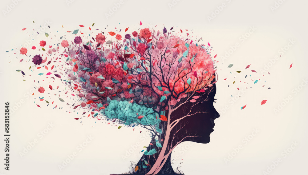 Blooming woman's head with flowers. Self-care and mental health concept ...