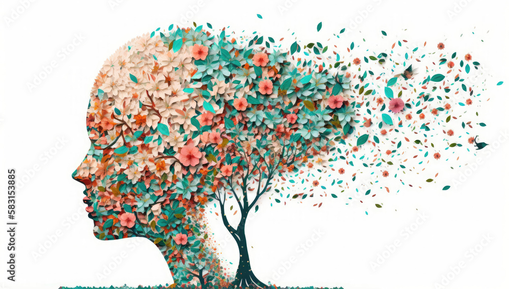 Blooming woman's head with flowers. Self-care and mental health concept ...