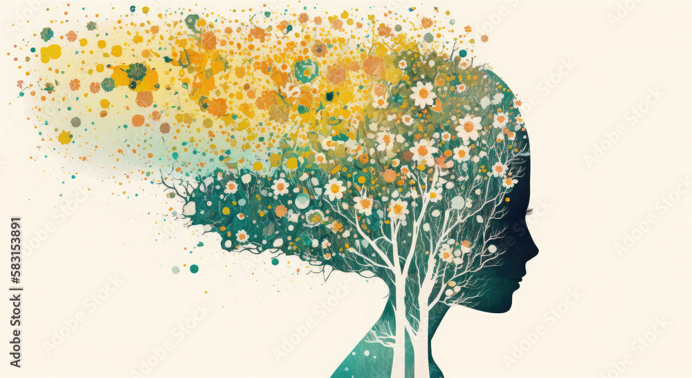Blooming woman's head with flowers. Self-care and mental health concept ...