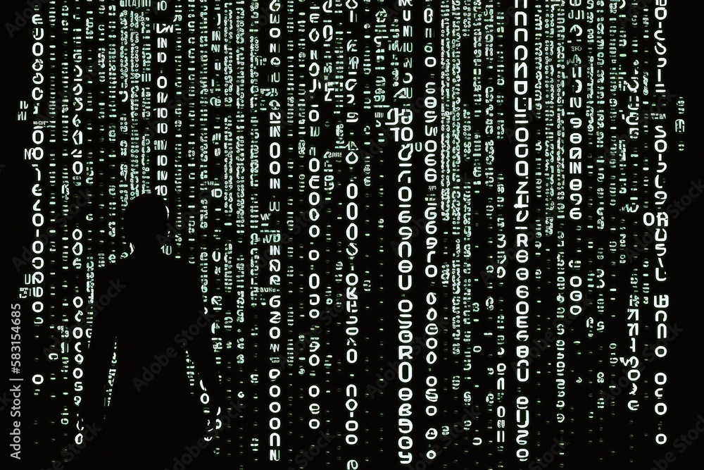 Binary matrix background. Falling digits on dark backdrop. Running random numbers. Abstract data ...