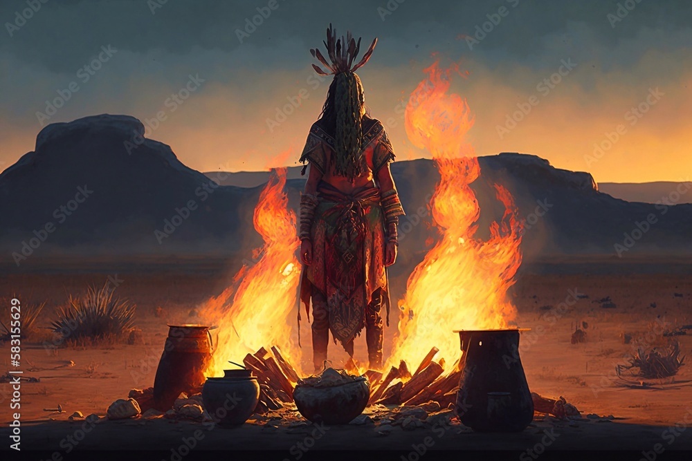 Big bonfire in the night, flames of fire, sparks. Rituals, circle magic ...