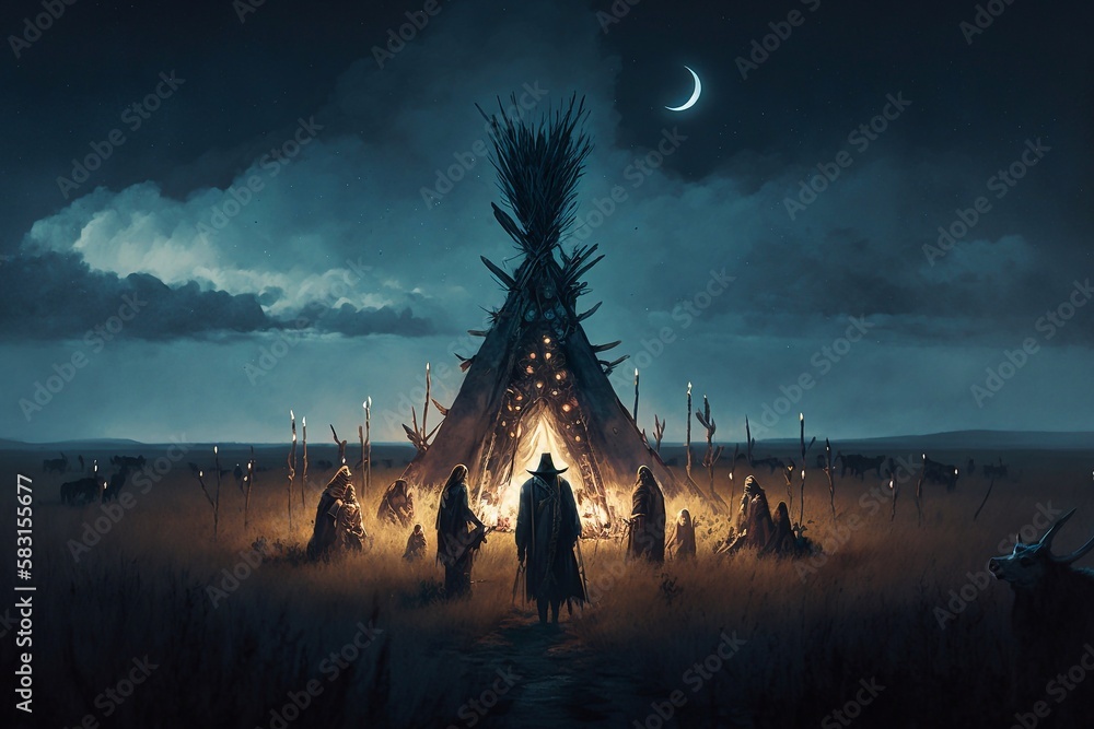 A group of Indians near the fire and conduct rituals to reunite with ...