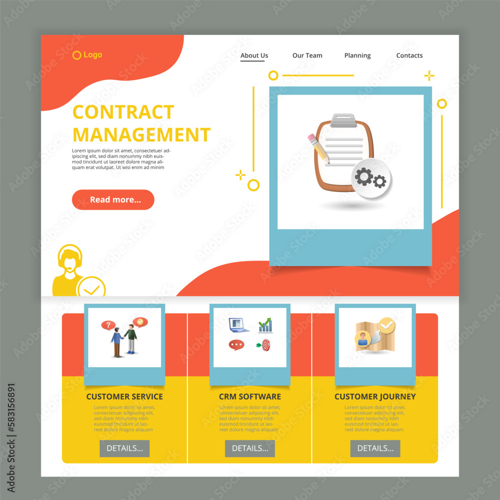 Contract management flat landing page website template. Customer ...