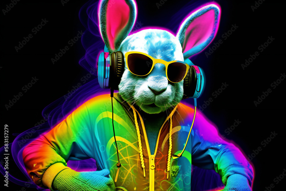 Psychedelic easter bunny DJ with headphones and sunglasses, created ...