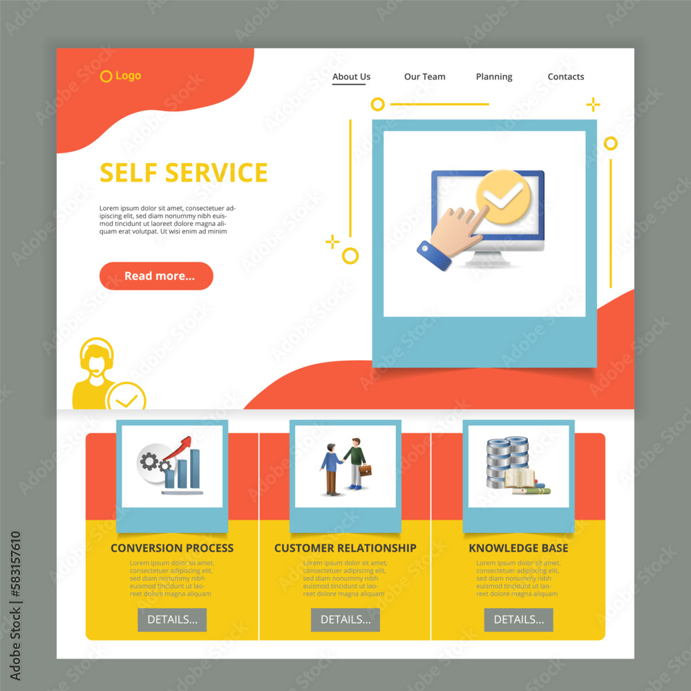 Self service flat landing page website template. Conversion process ...