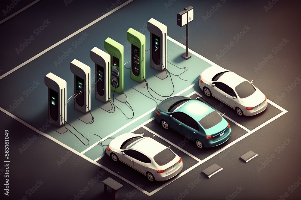 electric car charging station with multiple cars, showing the ...