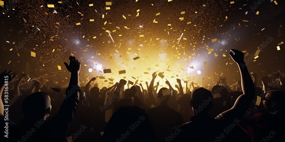 Crowded concert festival with scene stage orange and yellow lights with ...