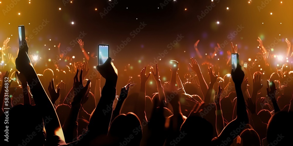 Crowded concert festival with scene stage orange and yellow lights with ...