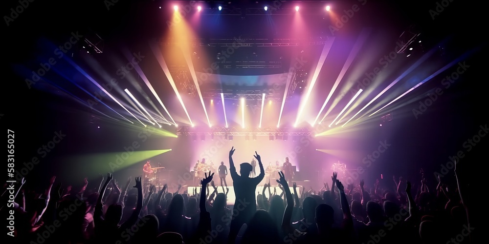 Crowded concert festival with scene stage orange and yellow lights with ...