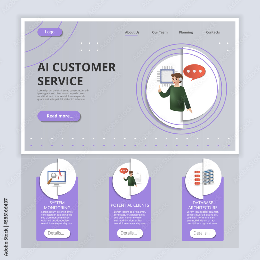 Ai customer service flat landing page website template. System ...