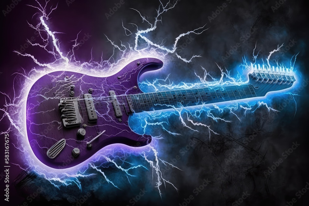 electric guitar, with music notes and lightning bolts in the background ...