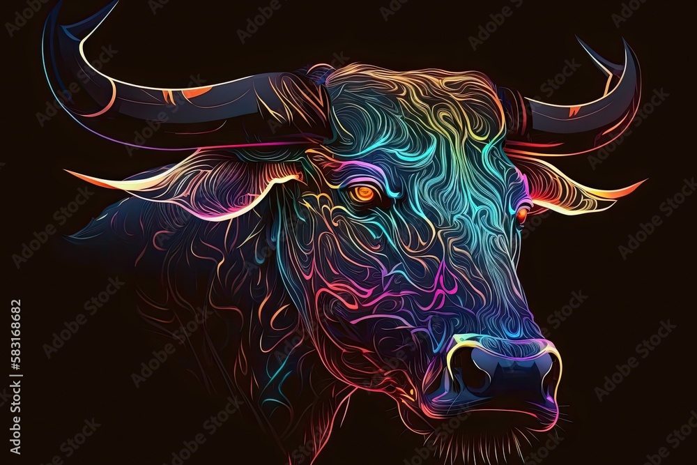 Neon Bull Head Graphic Design - Wild Animal Illustration with Bright ...