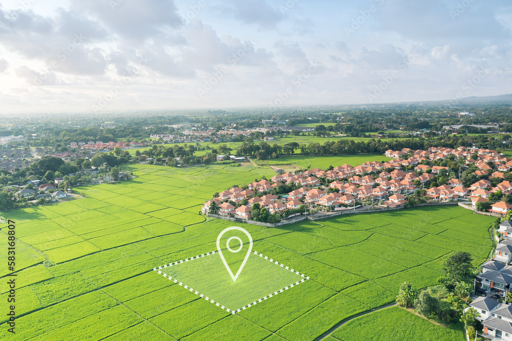 Land plot in aerial view. Identify registration symbol of vacant area ...