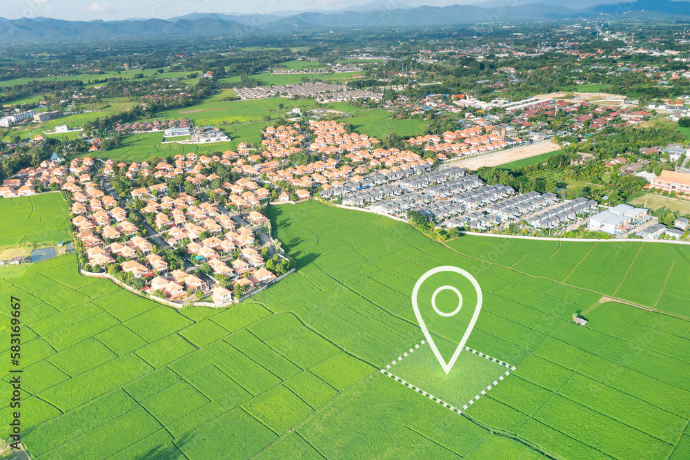 Land plot in aerial view. Identify registration symbol of vacant area ...