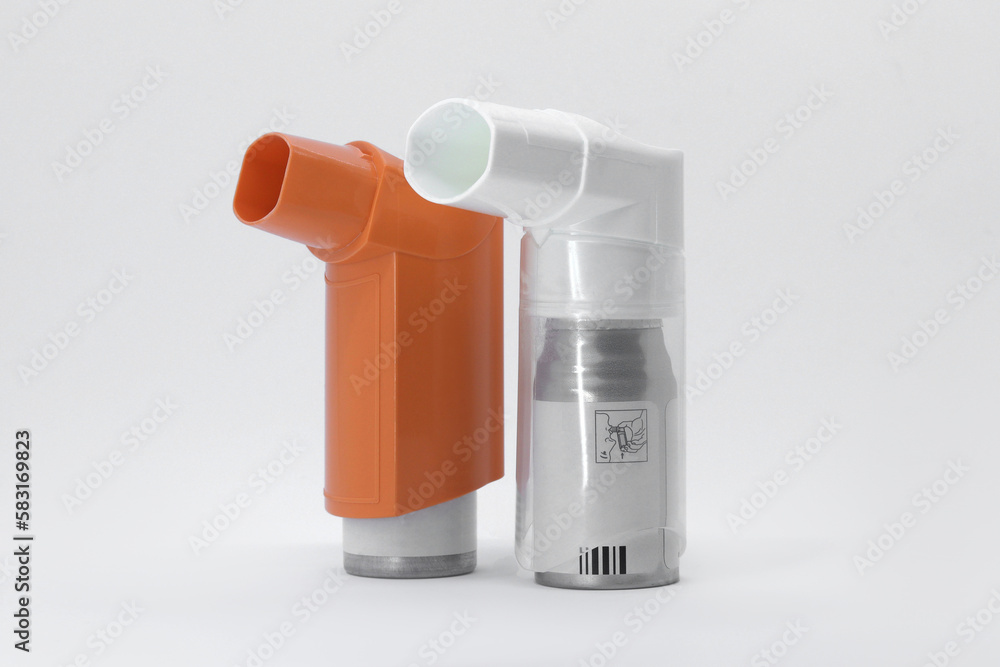 Set of inhalers for asthma and COPD patients on a white background ...