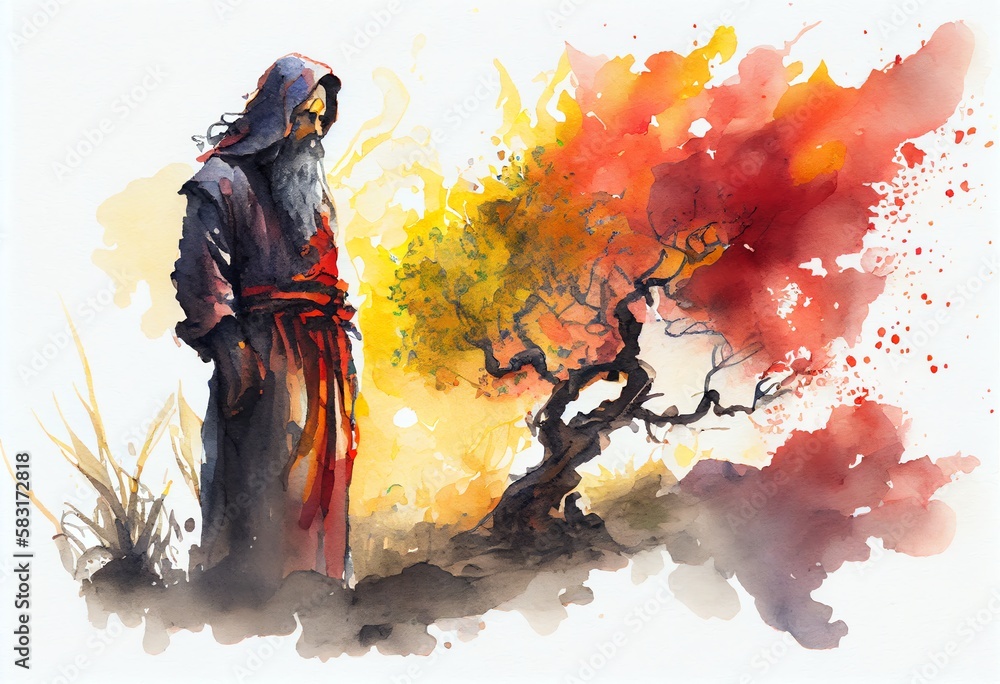 Watercolor Illustration of a Moses And The Burning Bush Art. Generative ...