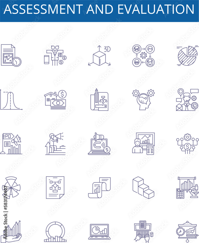 Assessment and evaluation line icons signs set. Design collection of ... Assessment and evaluation line icons signs set. Design collection of ...