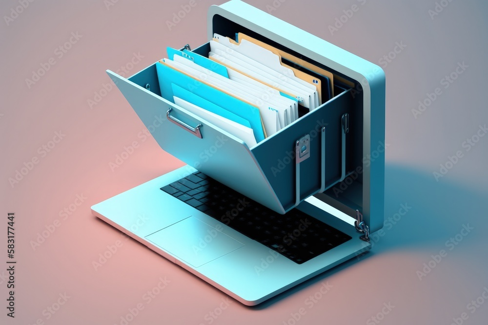 Laptop illustration with file drawer, data stores concept, blue ...