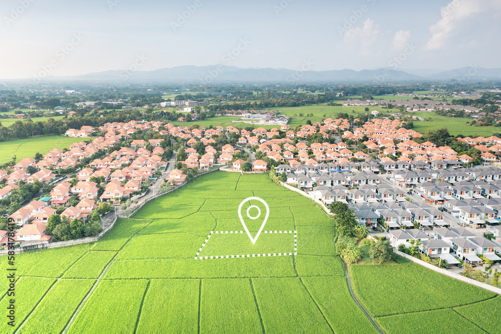 Land plot in aerial view. Identify registration symbol of vacant area ...