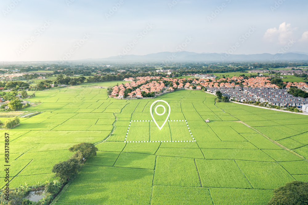Land plot in aerial view. Identify registration symbol of vacant area ...