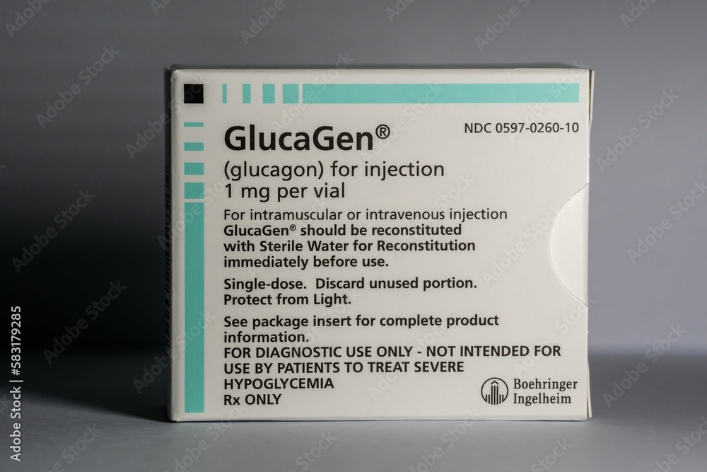 Packet of glucagon drug for injection which is an emergency medicine ...