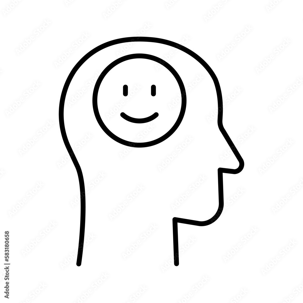 Positive thinking icon. Mental health. Smile in human head linear ...