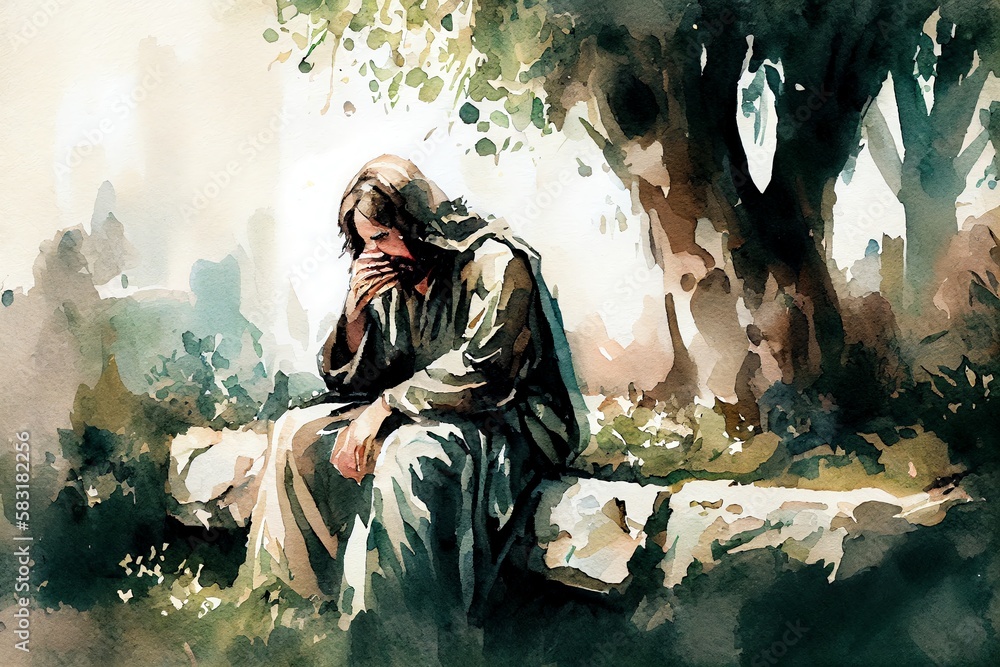 Watercolor Illustration of a Jesus Christ Praying In The Garden Of ...