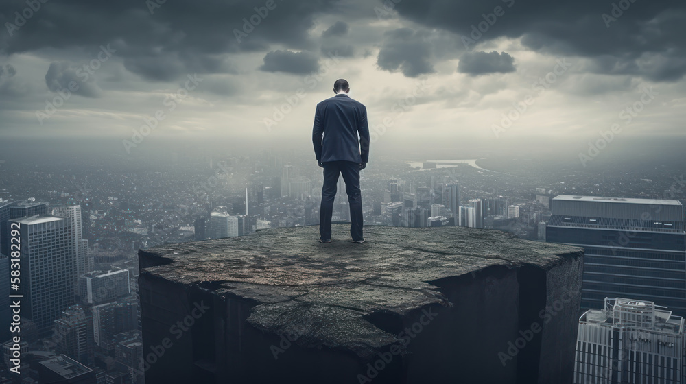 The businessman stands on the edge of the roof and looks at the city ...