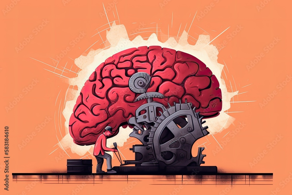 Draw illustration, a mechanic fixing a human brain, mental health ...