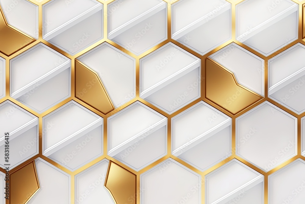 Golden and white seamless pattern hexagon geometric shape illustration background. 3d ...