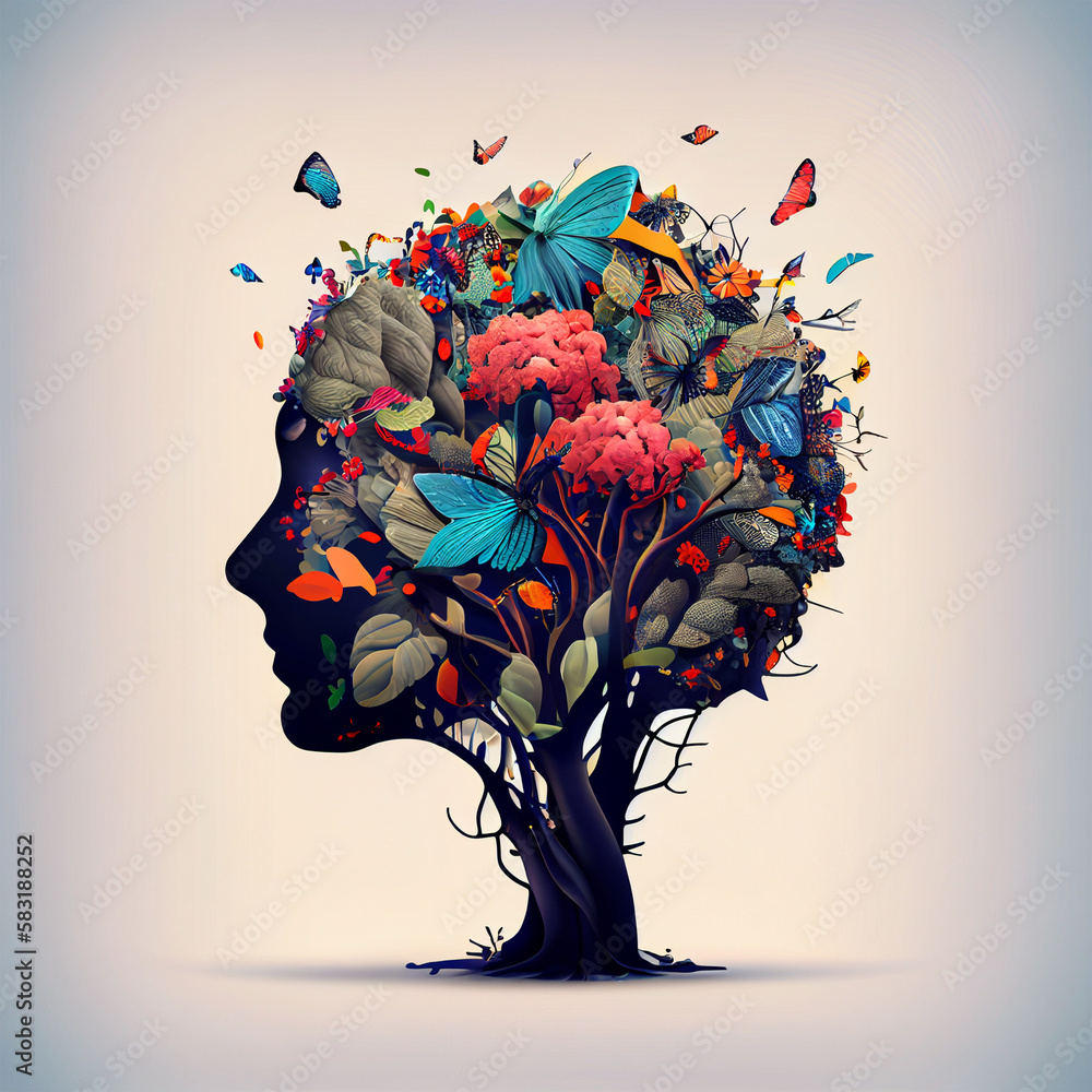 Human brain tree with flowers and butterflies, concept of self care ...