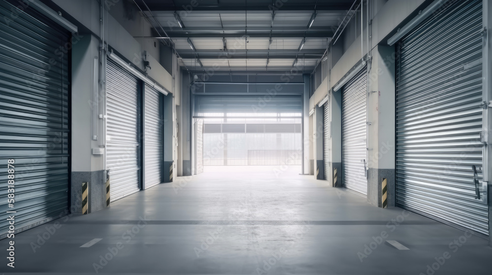 Roller door or roller shutter inside factory, warehouse or industrial ...