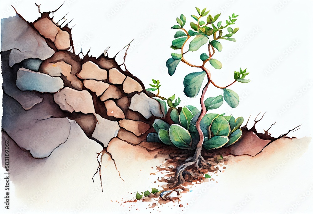 Watercolor Illustration of a Tiny Green Plant Close Up Growing Through ...