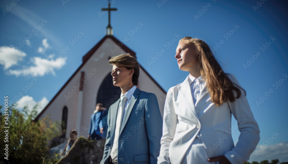 Holy church confirmation ceremony with young stylish teenager dressed ...