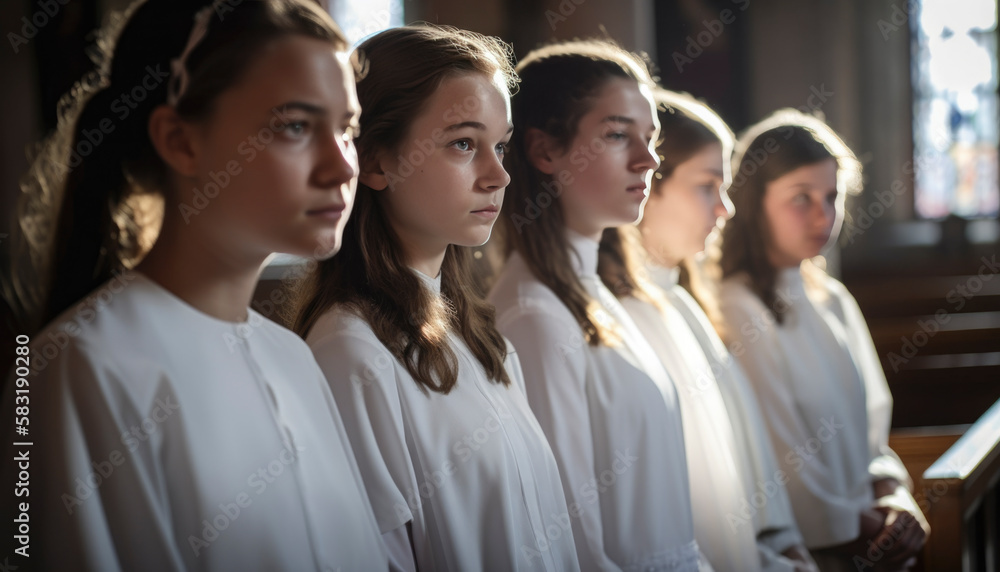 Holy church confirmation ceremony with young stylish teenagers in a ...