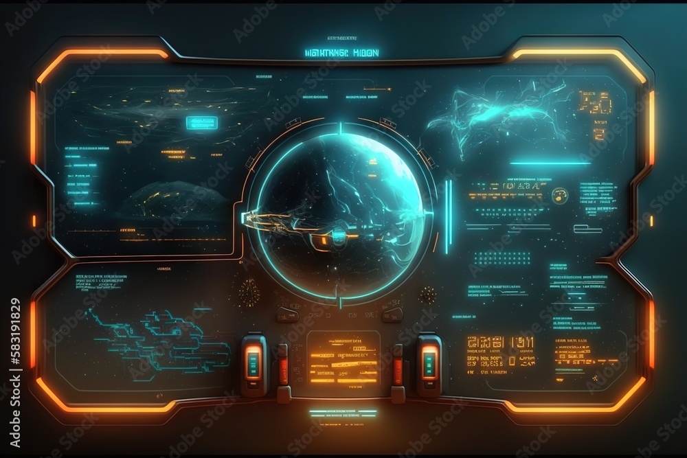 User interface or GUI of sci-fi space game. HUD Shuttle spacecraft digital screen interface ...