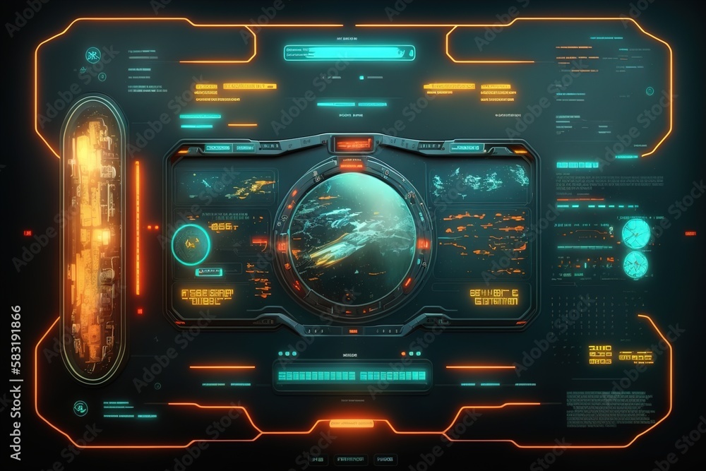 User interface or GUI of sci-fi space game. HUD Shuttle spacecraft digital screen interface ...