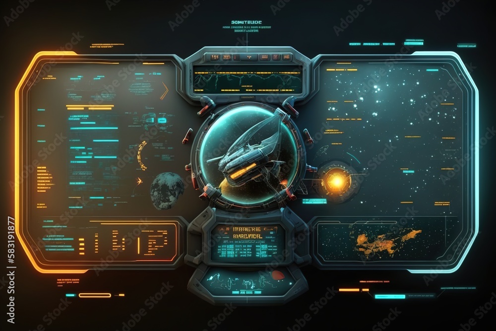User interface or GUI of sci-fi space game. HUD Shuttle spacecraft ...
