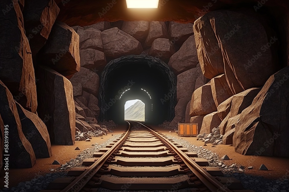 Mine, cave with railroad, rocks, stone rampart with wooden railings. AI ...
