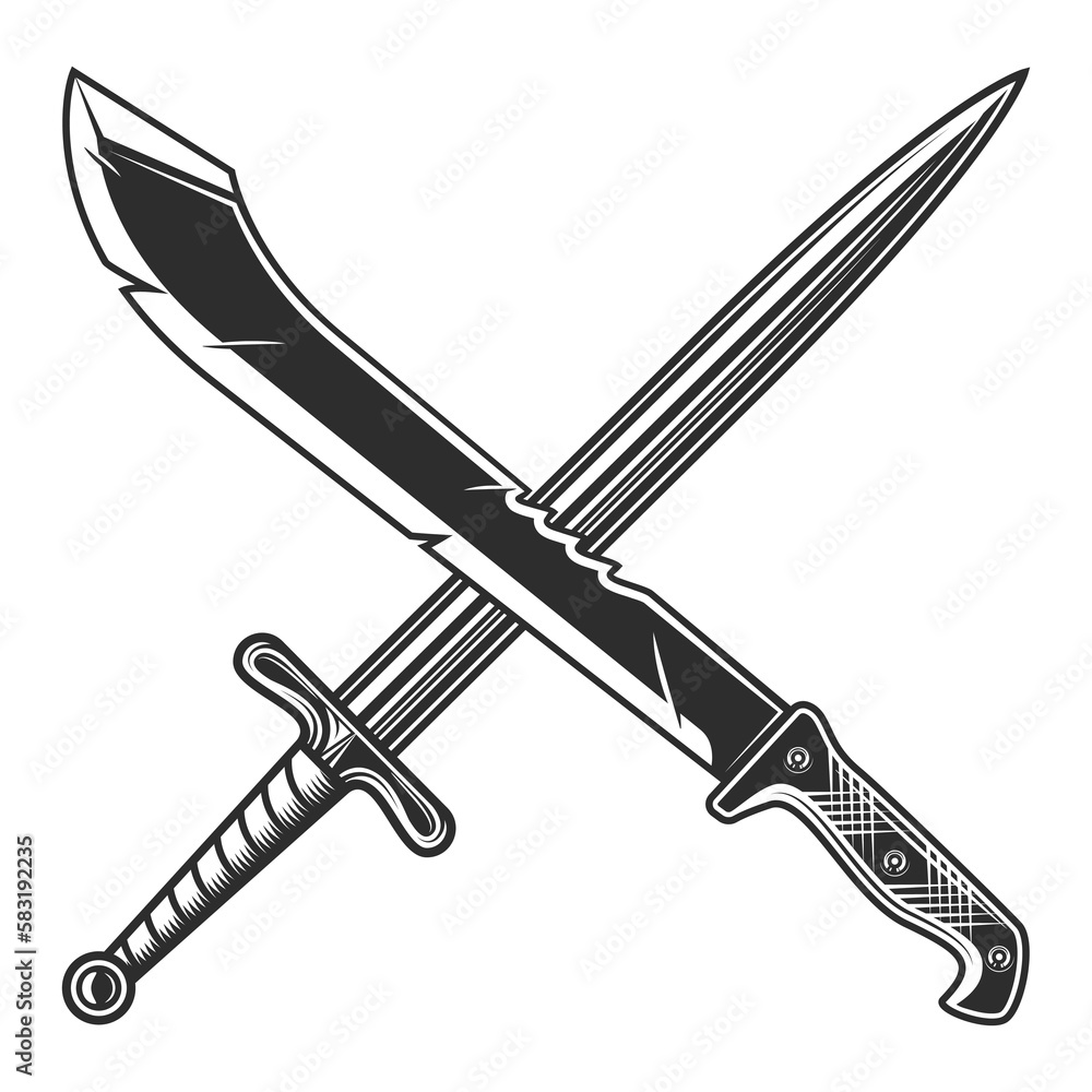 Crossed machete with sword icon, sharp knife melee weapon of hunter in ...