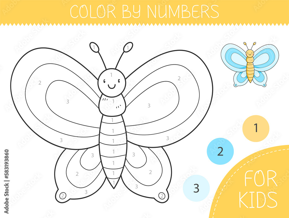 Color by numbers coloring page for kids with butterfly. Coloring book ...
