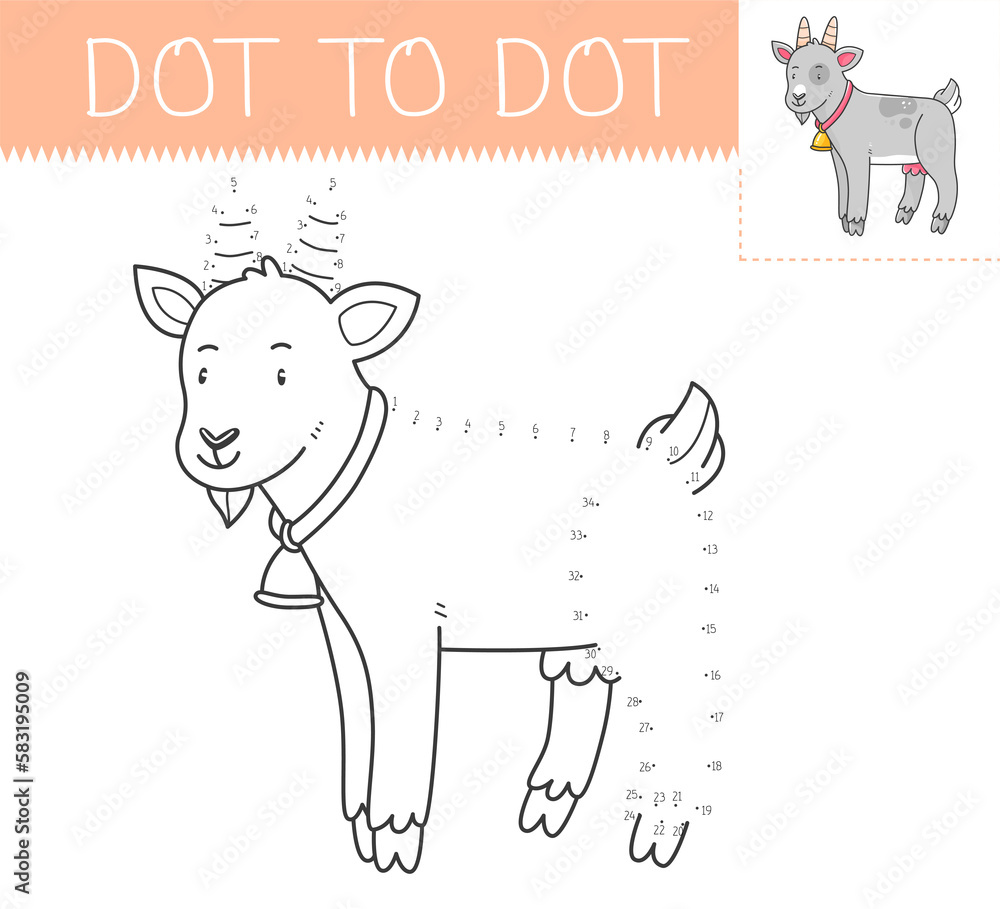 Dot to dot game coloring book with goat for kids. Coloring page with a cute cartoon goat ...
