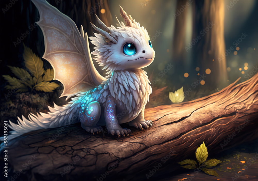 Little white Dragon in the woods Stock Illustration | Adobe Stock