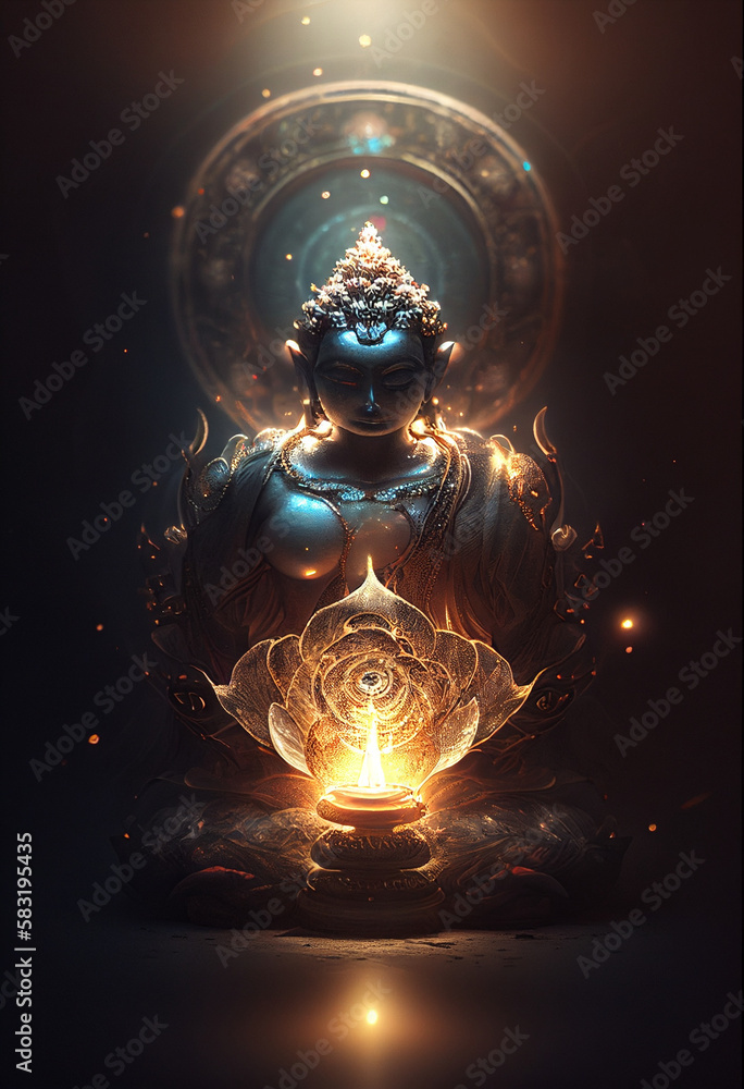 Image generative AI. Representation of Buddha sitting in the lotus ...