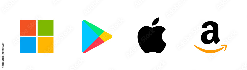 Apple, android, Amazon and Windows logo. Mobile OS logo. Apple, Google ...