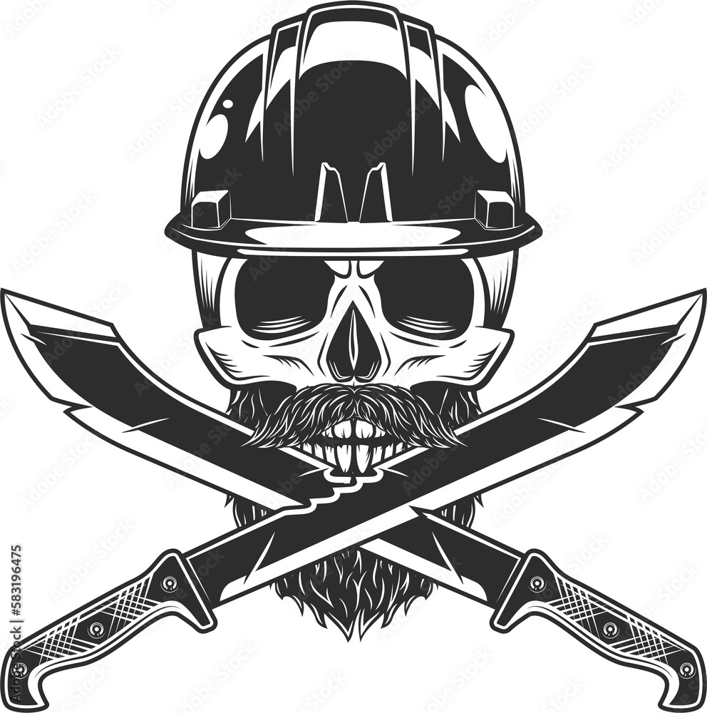 Skull in construction hard hat helmet with beard and mustache with ...