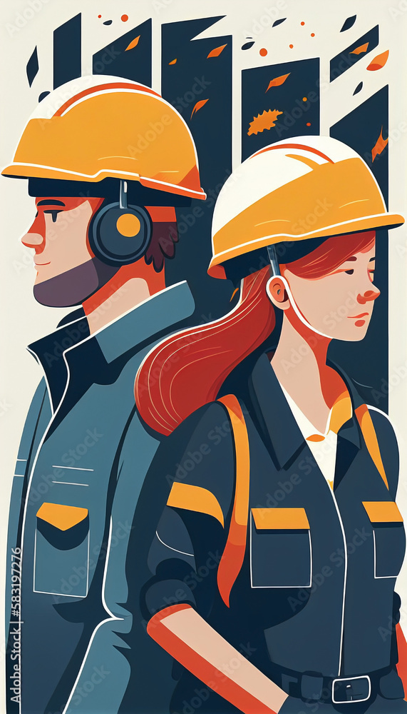 Woman and man with safety helmet. Couple of construction workers ...