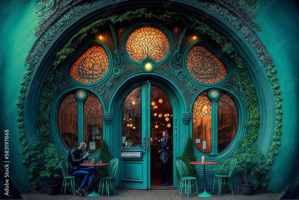 Surrealistic cafe in dreamlike fairytale art nouveau style. Surreal ...