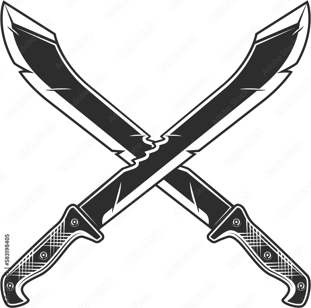 Crossed machete sharp knife icon, melee weapon of hunter in jungle ...