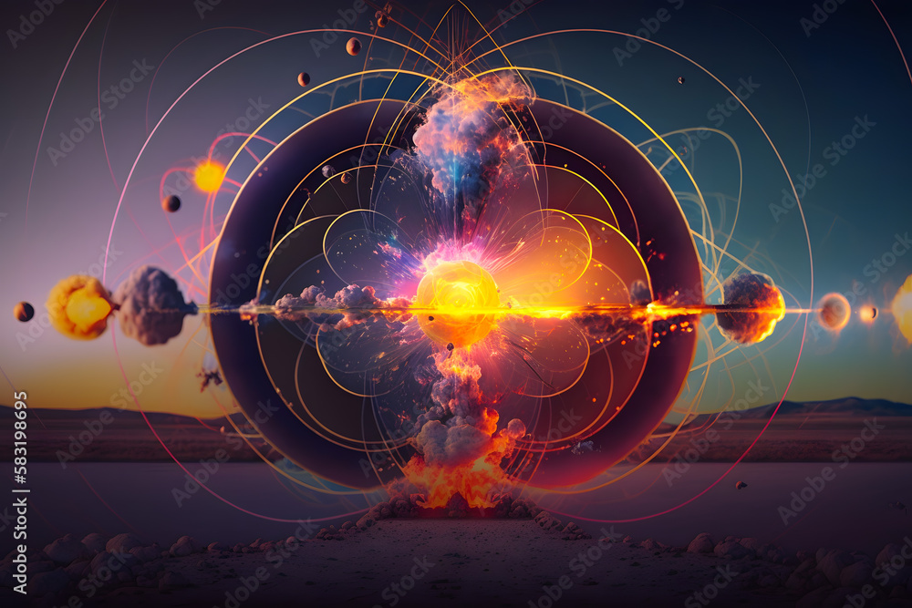 Collision of nuclei of elementary particles, image of nuclear reactions ...